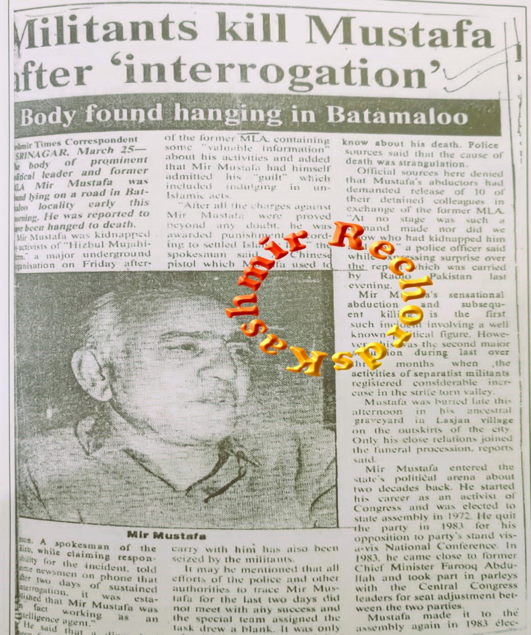 When Another `Indian Agent’ Was Killed in Kashmir! - Kashmir Rechords